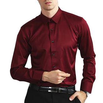Generic Chemise en satin pour homme - Coupe ajust&eacute;e - Chemise de costume avec bouton Down - Chemise de travail avec col rabattu - Chemise de loisirs &eacute;l&eacute;gante 