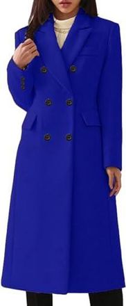 Generic Manteau long en laine unie &agrave; double boutonnage pour femme avec poches, manteau coupe-vent et design quotidien, manteau basique 2024, bleu, S