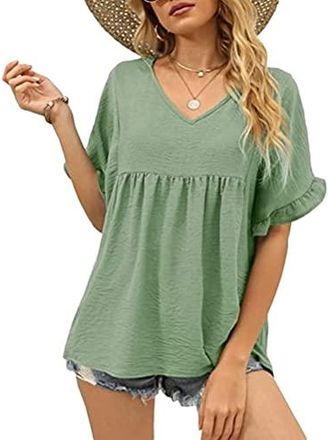 ORANDESIGNE Tunique Femme Chic et Elegant Manche Courte Ete Tshirt Col V Tee Shirt Couleur Unie Boheme Chemise Gland Blouse Hauts Lâches Loose Casual T-Shirt D Ve