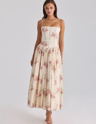 House of CB Ysabella - Midi-Sommerkleid aus Baumwolle in Elfenbeinwei&szlig; mit Vintage-Rosenmuster