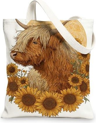 Generic Sacs fourre-tout en toile motif vache des Highlands, sacs dépicerie réutilisables, motif animal de la ferme rustique, sacs dépicerie bohèmes, légers, 