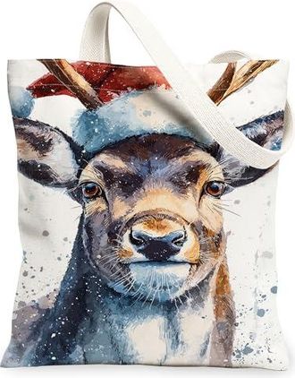 Generic Sacs fourre-tout en toile motif renne de No&euml;l, sacs d&eacute;picerie r&eacute;utilisables, l&eacute;gers et lavables avec bandouli&egrave;re, blanc, 13x15 Inch