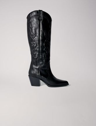 Maje Bottes Santiags En Cuir Lisse Brod&eacute; - Noir - Taille 37 - Maje