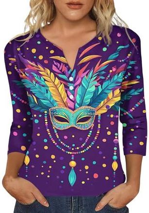Generic Haut &agrave; manches 3/4 pour femme - Haut pour femme - Imprim&eacute; masque de carnaval - Costume graphique - Col en V - &Eacute;l&eacute;gant - D&eacute;contract&eacute; - Chemisier basiqu