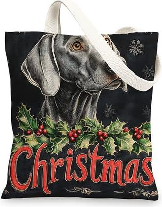 Generic Sac fourre-tout en toile motif chien de Weimar de Weimar de No&euml;l pour le shopping 33 x 38 cm, sac d&eacute;picerie r&eacute;utilisable pour femme, peinture danimaux
