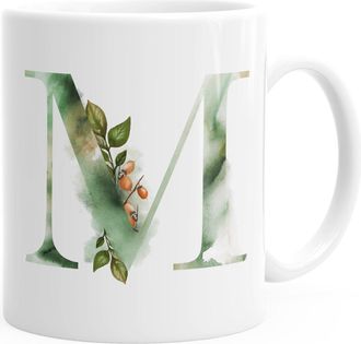 Autiga Buchstaben-Tasse M Tasse mit Buchstabe Alphabet Monogramm Watercolor gezeichnet Kaffeetasse weiß Unisize