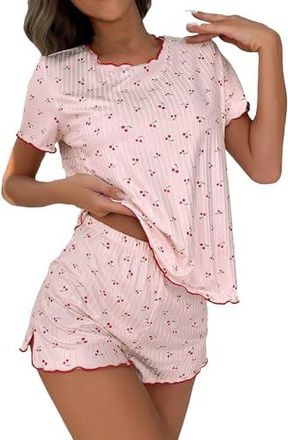 Generic Pyjama pour femme - Petite taille - Motif cerises - Décontracté - Bordure en laitue - Pyjama en soie pour femme, rose, S