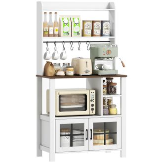 HOMCOM Küchenhochschrank, Küchenschrank, mit 6 Tassenhaken, 2 Glastüren, offene Regale, weiß, 80x40x152 cm, 80x40x152 cm