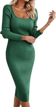 Generic Robe pull longue et &eacute;l&eacute;gante en tricot c&ocirc;tel&eacute; &agrave; col roul&eacute; et ourlet fendu, Vert, XL