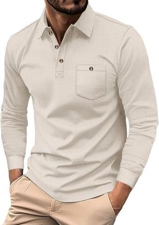 Generic Polo pour homme de grande taille, manches longues, chemise gaufr&eacute;e &agrave; revers de couleur unie, demi-boutons, l&eacute;g&egrave;rement ajust&eacute;e, chemises d&eacute;contract&eacute;es,