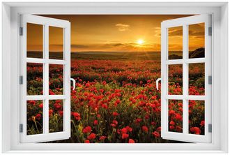 Wallario Poster - Mohnblumenwiese bei Sonnenuntergang am Abend in Premiumqualität, Größe: 61 x 91,5 cm mit Fenster-Illusion (Maxiposter)