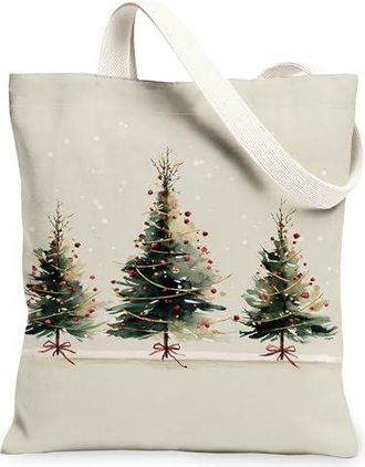 Generic Sacs fourre-tout en toile pour sapin de No&euml;l, motif for&ecirc;t festive, sacs d&eacute;picerie r&eacute;utilisables, rustiques, l&eacute;gers, lavables &agrave; l&eacute;paule S, Beige, 13x15