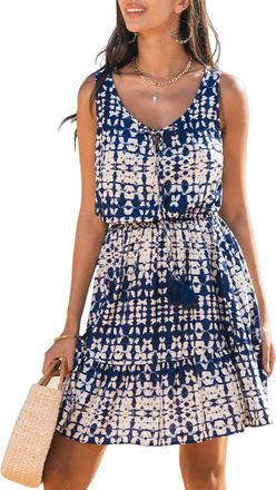 Cupshe Damen Sommerkleid Abstrakt Druck U-Ausschnitt Ärmellos Strandkleider Quaste Rüschensaum Freizeitkleider Mini Dress Marineblau XL