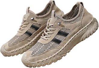 Generic Chaussures orthopédiques pour homme, chaussures de randonnée décontractées en cuir à lacets élastiques et maille respirante, kaki, 45.5 EU