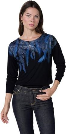 Kor&ouml;shi T-shirt noir &agrave; manches longues avec imprim&eacute; plumes et d&eacute;tails Foil sur le d&eacute;collet&eacute; et les &eacute;paules pour femme de couleur noire, Noir, M