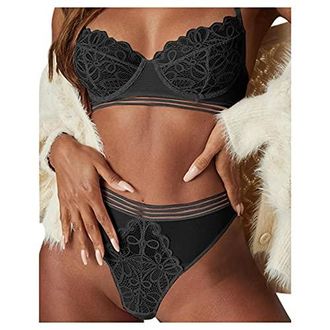 Generic 2026 Nouveaux sous-v&ecirc;tements en dentelle pour femmes 2 pi&egrave;ces v&ecirc;tements de nuit push up soutien-gorge ceinture ensemble, Noir, XXL