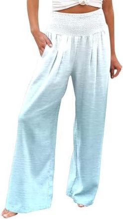 Generic Pantalon en coton et lin pour femme - Jambe large - Pantalon de plage d&eacute;t&eacute; confortable - Pantalon de yoga Palazzo - XIYU26093, bleu clair, XXL