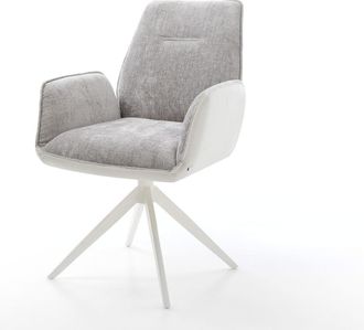 DELIFE Drehstuhl Zoa-Flex Materialmix Echtleder Weiß-Silbergrau Kreuzgestell breit Weiß 360° drehbar Wippfunktion Taschenfederkern, Esszimmerstühle