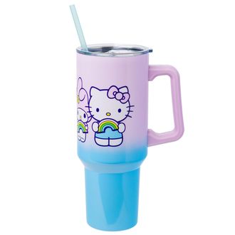 Silver Buffalo Sanrio Hello Kitty and Friends Trinkbecher aus Edelstahl mit Griff und Strohhalm, passt in Standard-Becherhalter, 1,2 l
