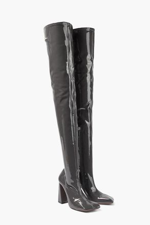 Amina Muaddi Overknee-Stiefel MARINE aus Lack mit eckiger Spitze, 11 cm Amina Muaddi