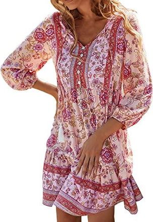 Generic Robes boh&egrave;me 2026 pour femmes, col en V, boutons &agrave; lacets, style boh&egrave;me, d&eacute;contract&eacute;, robe courte, Rouge, XL