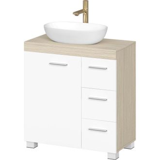 Vasagle Armoire de Salle de Bain, Meuble Sous Lavabo avec Pieds, 2 Compartiments et 3 Tiroirs, Blanc et Beige
