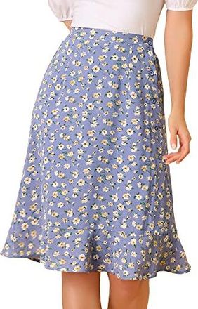 Allegra K Femmes Jupe Mi-Longue Fendue Fleurie Volants Boutons dans Dos Violet XL