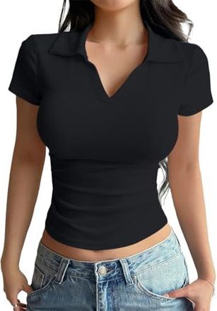 Generic Débardeur côtelé court pour femme - Haut à revers - Ventre nu - Col en V - Manches courtes - Léger et aéré - T-shirt sexy Y2K - Coupe ajustée, Noir, L