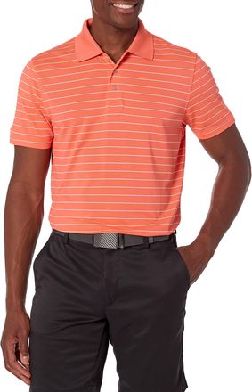 Amazon Essentials Herren Golf-Poloshirt, Kurzärmelig, Schmal Geschnitten, Schnell Trocknend, Korallenorange Streifen, S
