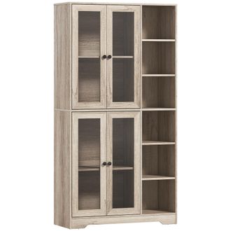 HOMCOM Küchenschrank, Küchenschrank mit offenen Regalen und 4 Glastüren mit Soft Close, verstellbare Einlegeböden, für Esszimmer, Wohnzimmer, 90x35x172 cm, H