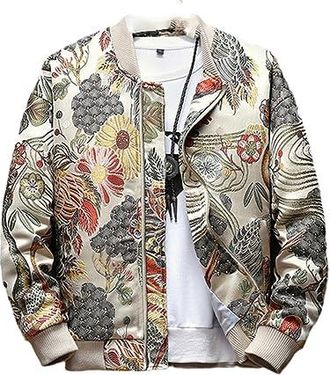 Generic Manteau Homme Broderie Japonaise Coupe Ajustée Bomber Veste Homme Coupe-Vent Manteaux white M