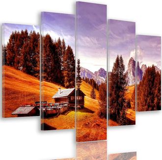 Feeby Bilder Berge 250x120 cm - Leinwandbild 5 Teilig XXL Kunstdruck Hütte Bäume rot