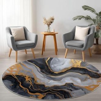 Generic Or Gris Tapis Abstrait Rond Antid&eacute;rapant, Liquid Marble Motif Doux Tapis Poils Courts pour Salon Couloir Chambre Cuisine Descente de Lit - 150 cm
