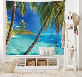 Abakuhaus Tropisch Wandteppich und Tagesdecke, Palmen, Meer, Strand aus Weiches Mikrofaser Stoff Waschbar ohne Verblassen Digitaldruck, 230 x 140 cm,Türkis Blau