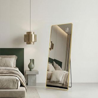 Songmics Grand Miroir sur Pied, avec Miroir Grossissant, Verre Tremp&eacute;, Rectangulaire, Coins Arrondis, 160 x 50 cm, Dor&eacute;