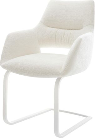 DELIFE Schwingstuhl Yago-Flex mit Armlehnen Freischwinger flach Wei&szlig; Boucl&eacute; Soft Beige Taschenfederkern