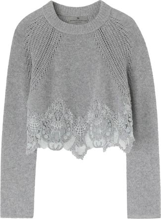 Ermanno Scervino Femme, Pulls, Gris, Taille: 36 FR Pull Court en Cachemire Pur avec Incrustation de Dentelle Rebrod&eacute;e