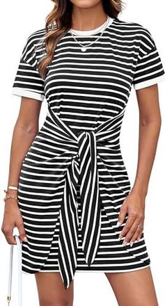 Grace Karin Robe d&eacute;t&eacute; d&eacute;contract&eacute;e &agrave; manches courtes et col rond pour femme, Rayures noires et blanches, S