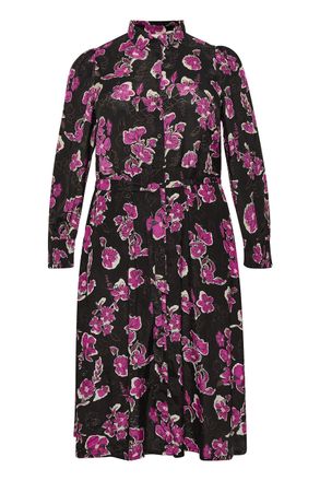 Kaffe Curve Kaffe Curve Damen &Uuml;bergr&ouml;&szlig;e Midi Lange &Auml;rmel Buttons Regular Fit Kleid, Fuchsia Red Flower Print, 46