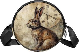 Generic Sac &agrave; bandouli&egrave;re rond pour femme, motif lapin vintage, sac &agrave; dos &agrave; bandouli&egrave;re avec fermeture &eacute;clair, bretelles r&eacute;glables, sac &agrave; main rond d&eacute;contract