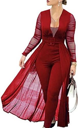 Minetom Femmes Combinaison Manche Longue Couleur Unie Jumpsuit Élégant Pantalon Playsuit Cocktail Soirée Romper A Rouge XXL