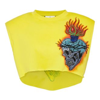 Philipp Plein Femme, Tops, Jaune, Taille: 42 FR Shoulder Pads Cropped Top Love Tattoo