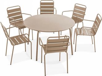Oviala Oviala - Ensemble table de jardin ronde et 6 fauteuils acier taupe - Palavas