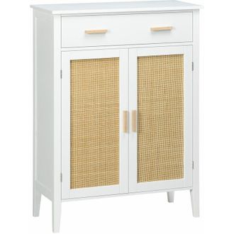 HOMCOM Homcom - Meuble &agrave; chaussures style boh&egrave;me chic - 2 portes, 3 &eacute;tag&egrave;res, tiroir - mdf blanc cannage rotin