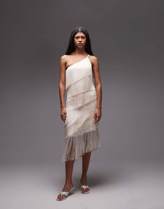 Mango Robe longue asym&eacute;trique &agrave; franges - Blanc