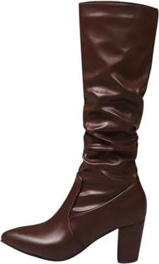 Generic Bottes montantes au genou d&eacute;contract&eacute;es et extensibles pour femme - &Eacute;l&eacute;gantes - Bout pointu - Couleur unie - Talon bloc &eacute;pais - Confortables - &Agrave; enfil