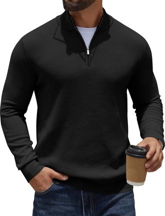 Coofandy Herren Pullover Rei&szlig;verschluss Rollkragenpullover Langarm Strickpullover Pulli Sweater Leichter Winterpullover Schwarz XXL