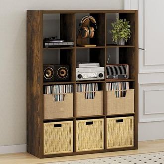 Furinno Cubicle Plattenspieler Regal mit Vinyl Aufbewahrung, 12-Würfel 1.2 Extra Dicke Vinyl Aufbewahrung, Offen Rückseitiges Medienregal für CD DVD Blueray S