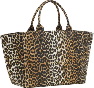 Ganni Womens Tote Bag Leopard Print Multicolour Recycled Cotton Handbags Hand