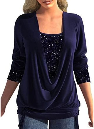 Generic Chemisier à Paillettes Manches Longues, Tops Femme Chic et élégant Sequin Manches Longues Blouse Paillettes Brillantes Slim Ajusté Club Party Chemisie
